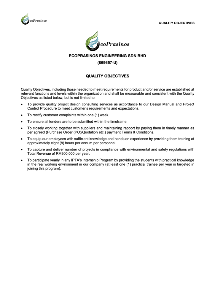 Quality Objectives – Ecoprasinos